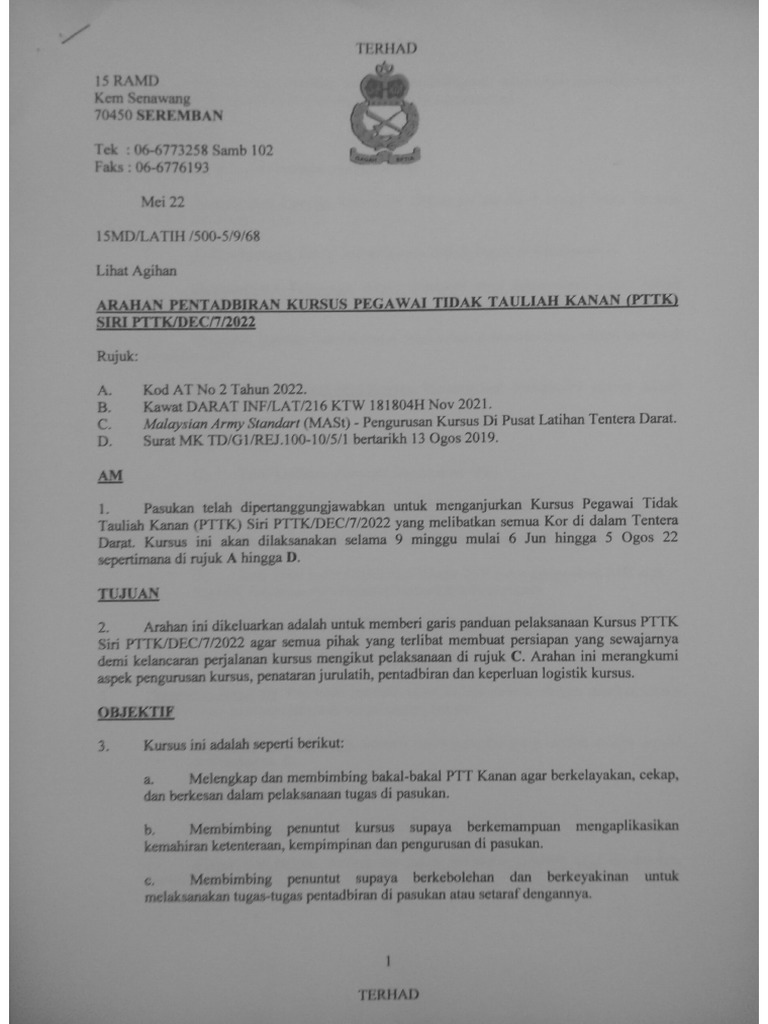 Arahan Pentadbiran Kursus Pegawai Tidak Tauliah Kanan Pttk Siri Pttk Dec 7 2022 | PDF