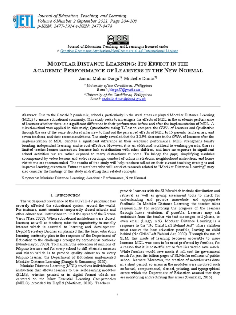 Modular Distance Learning Its Effect in The Academ | PDF | Career & Growth