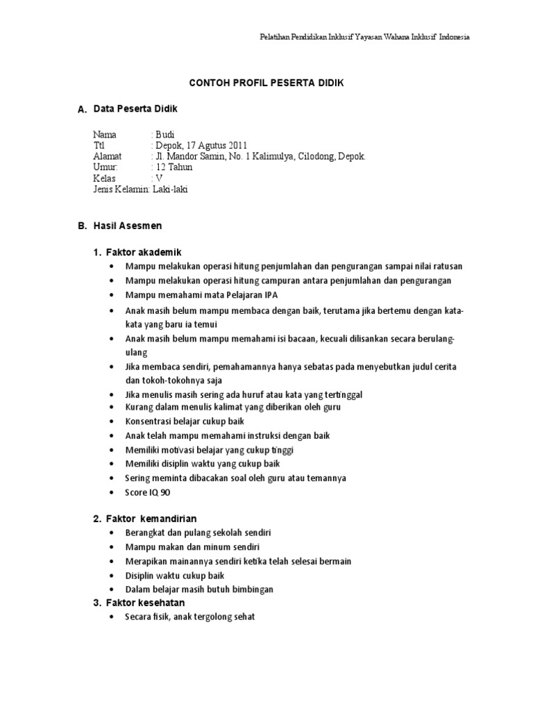 Contoh Profil Siswa PDBK Budi (Kelompok 6) | PDF