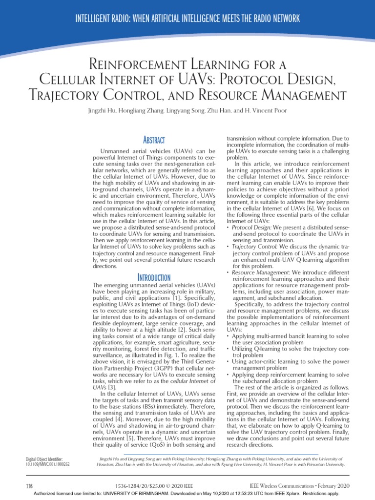 2020 Reinforcement Learning For A Cellular Internet Of Uavs Protocol Design Trajectory Control