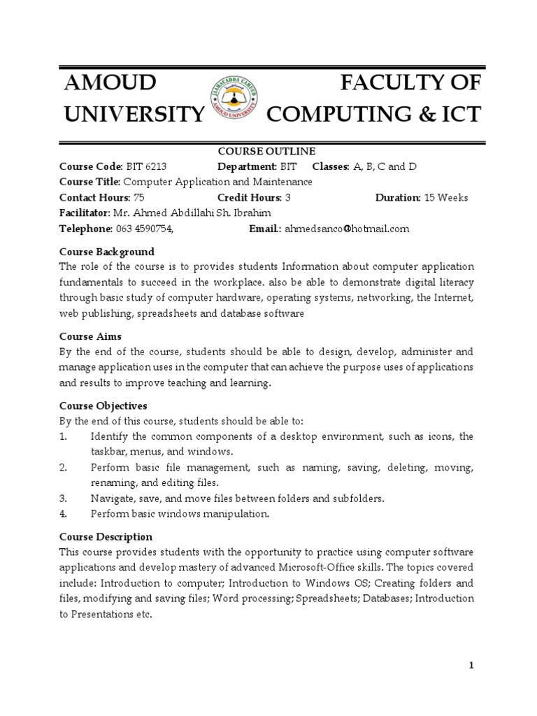 Course Outline - Computer Application and Maintenance | PDF | Computer ...