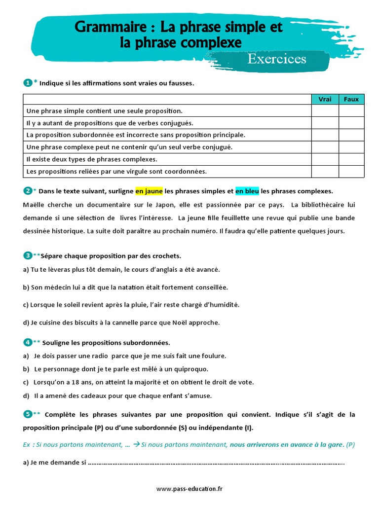Exercices 5ème La Phrase Simple Et Complexe | PDF