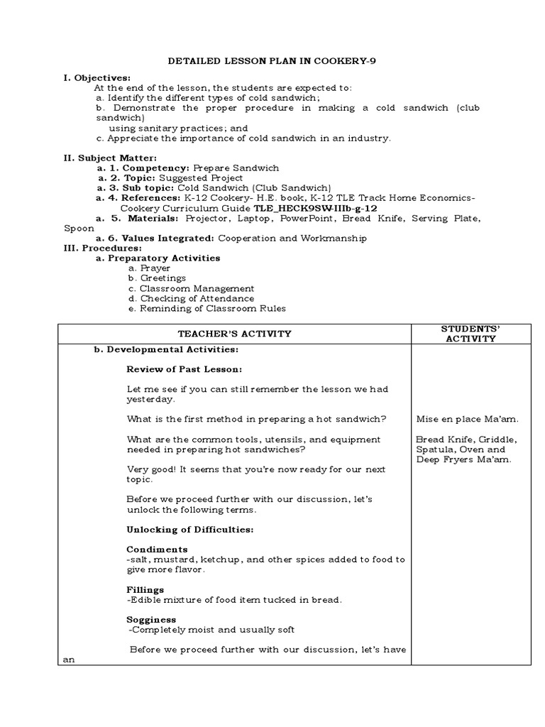 Detailed Lesson Plan in Cookery | PDF