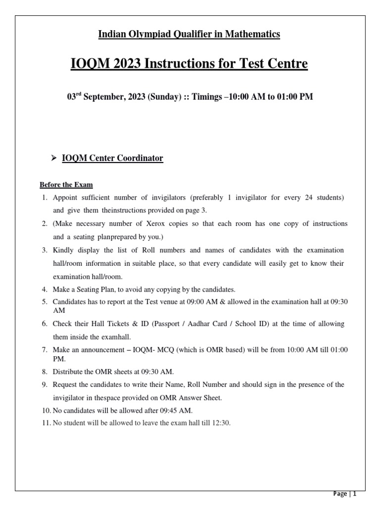 IOQM_Instructions for Test Centre(1)(2) | PDF