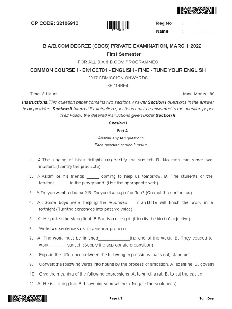 Ba Bcom 1 Sem English Fine Tune Your English 22105910 Mar 2022 | PDF ...