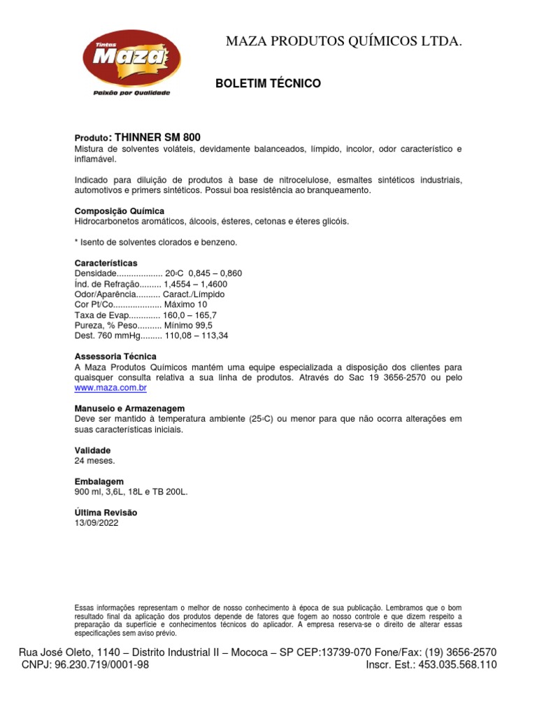 FISPQ Thinner SM 800 - Maza Produtos Químicos | PDF