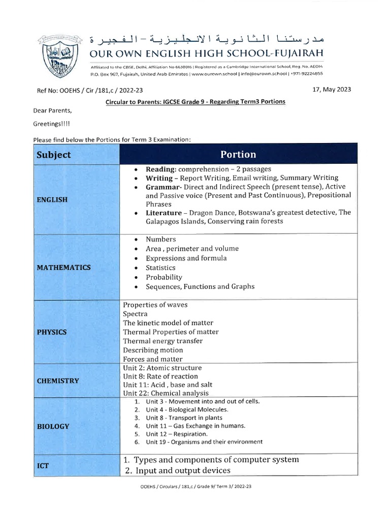 181c_Term 3 Exam portions for IGCSE Gr 9 | PDF