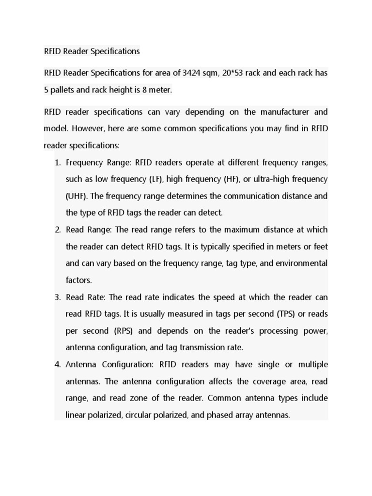 RFID Reader Specifications | PDF | Radio Frequency Identification ...
