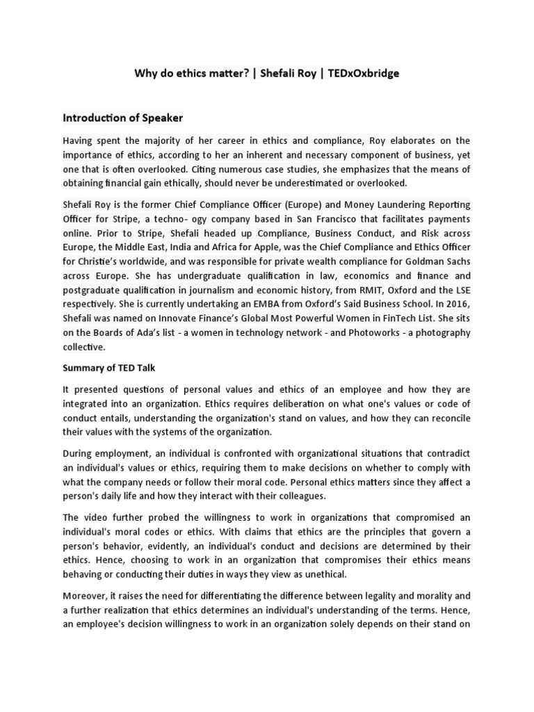 Why Do Ethics Matter - Shefali Roy - Business Ethics | PDF