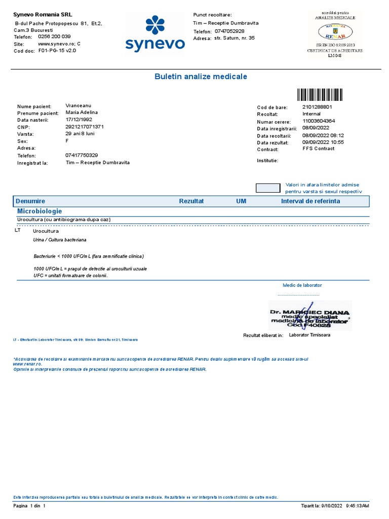 Buletin Analize Medicale: (MDJJMGWMJJ) | PDF