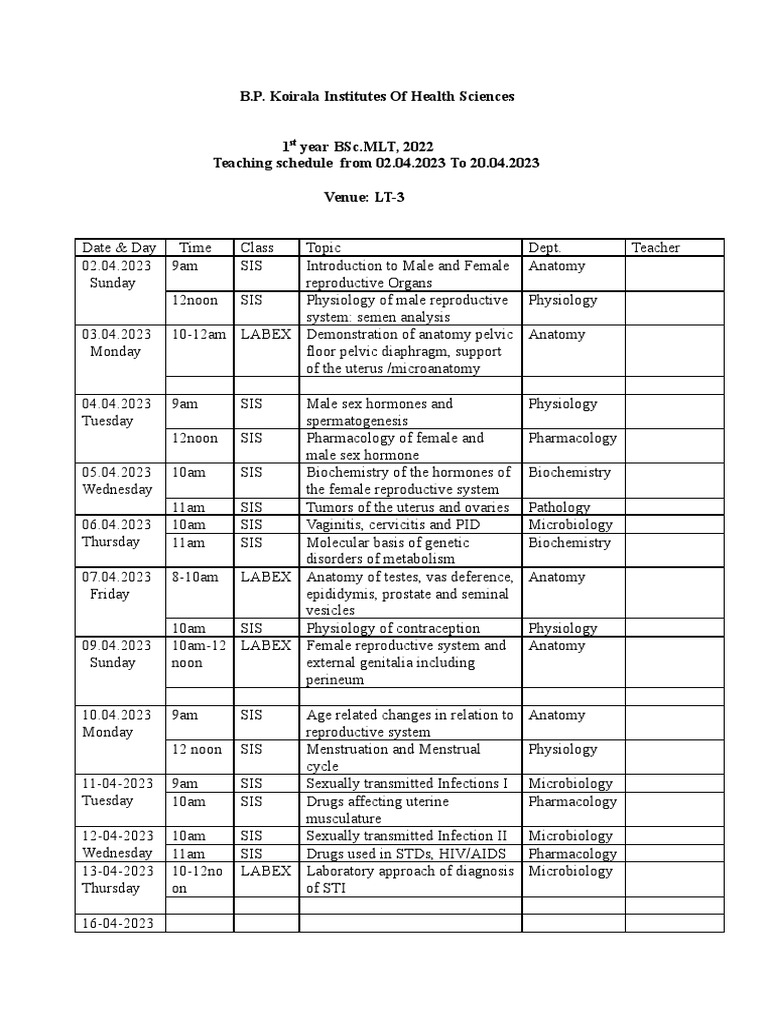 BSC - MLT - MIT Schedule Reproductive | PDF | Reproductive System ...