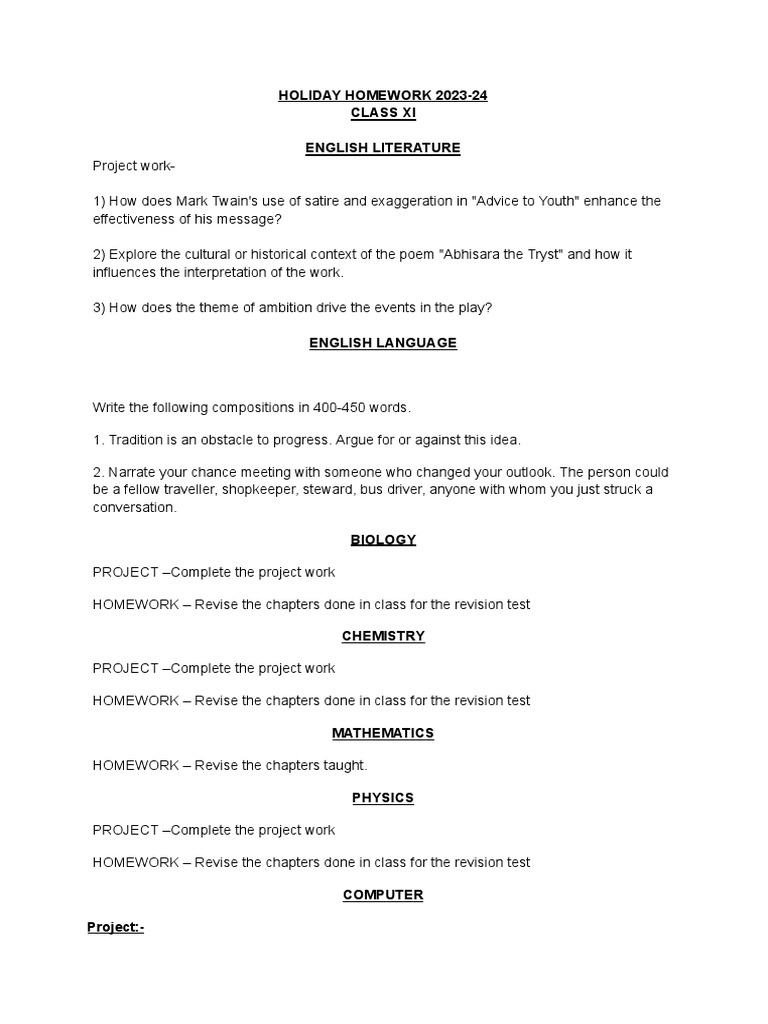 Class 11 English Holiday Homework 2023-24 | PDF | Expense | Debits And ...