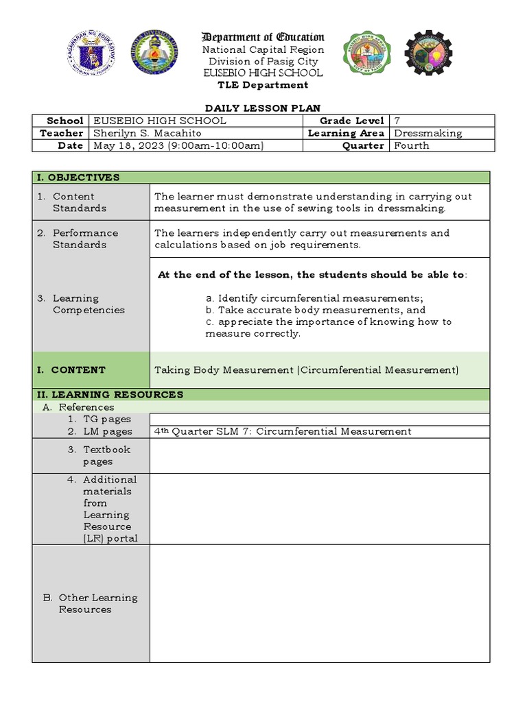 Grade 7 Dressmaking Lesson Plan | PDF | Lesson Plan | Learning