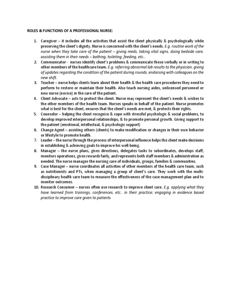 ROLES Functions of A Professional Nurse | PDF | Nursing | Patient