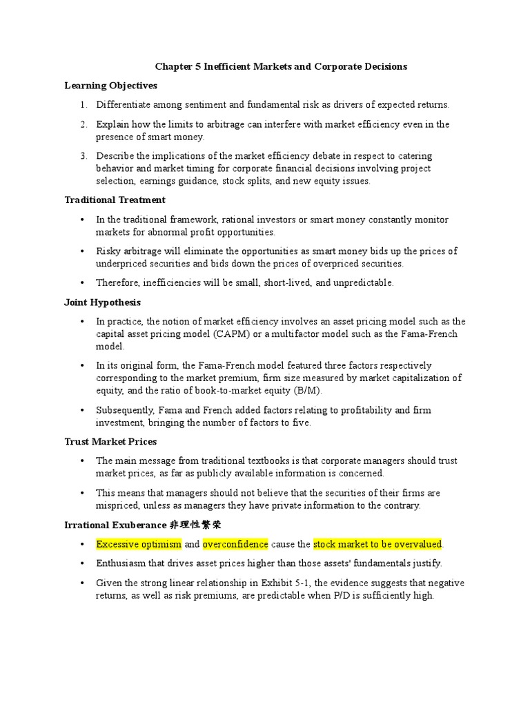 Chapter 5 Inefficient Markets and Corporate Decisions | PDF | Efficient Market Hypothesis | Stocks