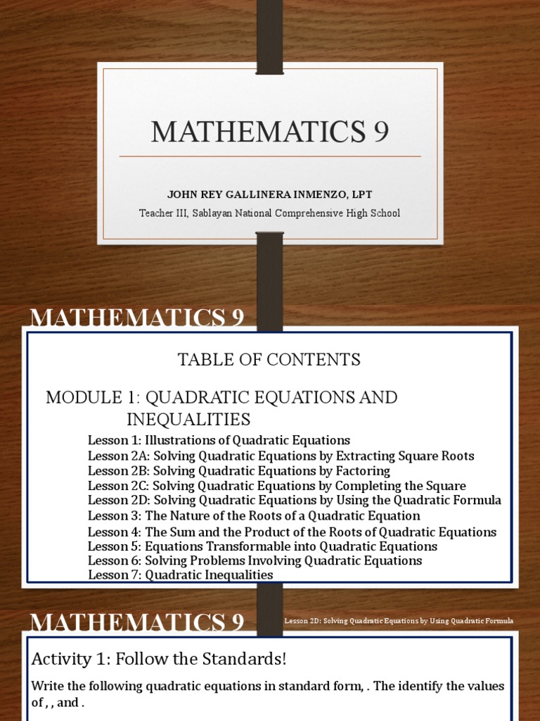 G9 Math - M1 - 2D - Solving Quadratic Equations by Using Quadratic Formula | PDF | Quadratic ...