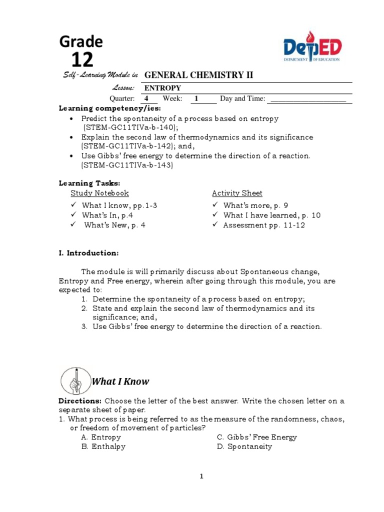 General Chemistry 2 Q4 - Module 1 | PDF | Gibbs Free Energy | Entropy