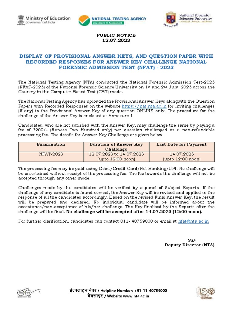 NFSU Public Notice Answer Key Chellange - NFSU-2023 | PDF | Payments ...