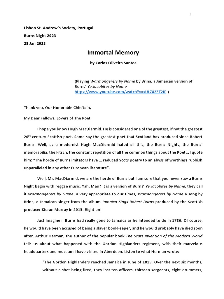 Immortal Memory at A Burns Night in Portugal, 2023 | PDF