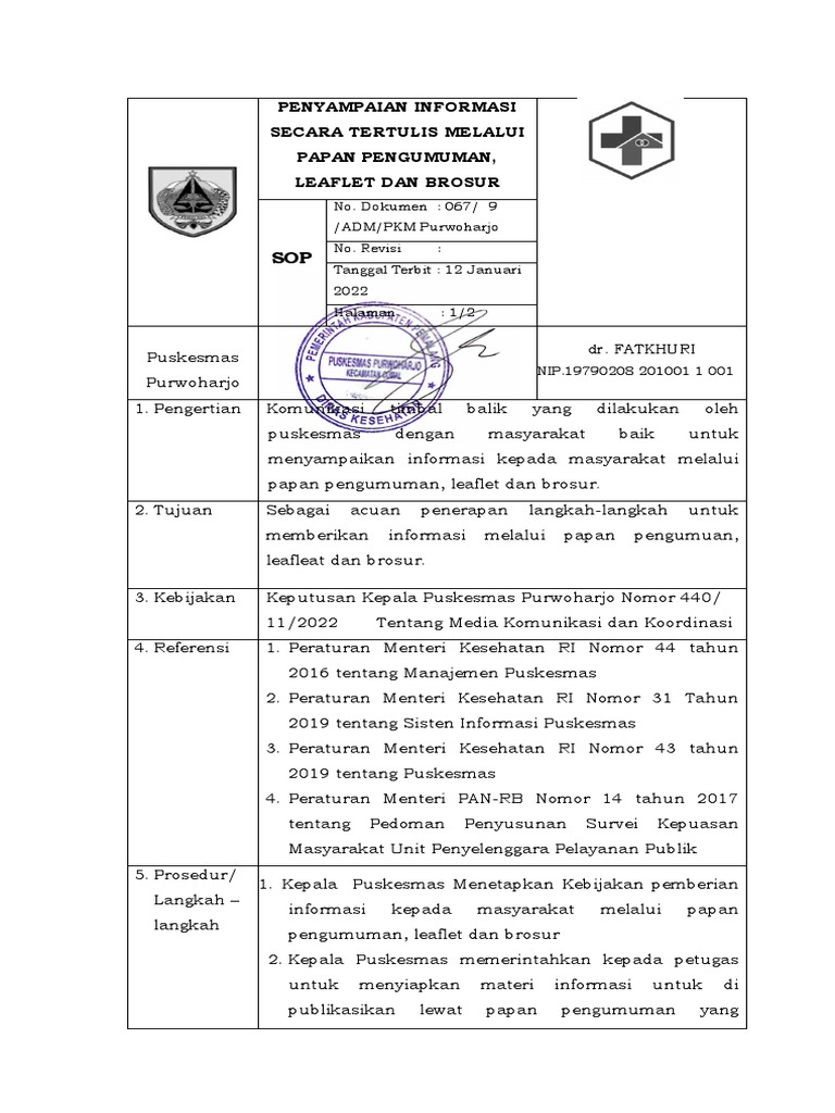SOP Informasi Puskesmas Purwoharjo | PDF