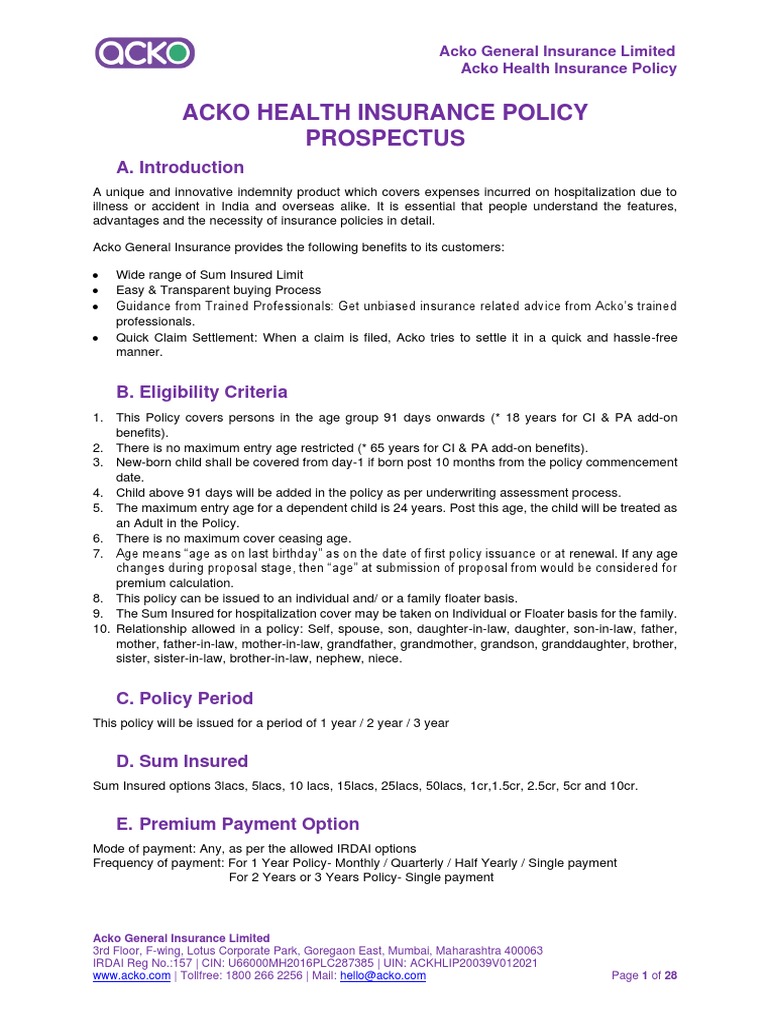 Prospectus-Acko-Health-Insurance_with-UIN | PDF
