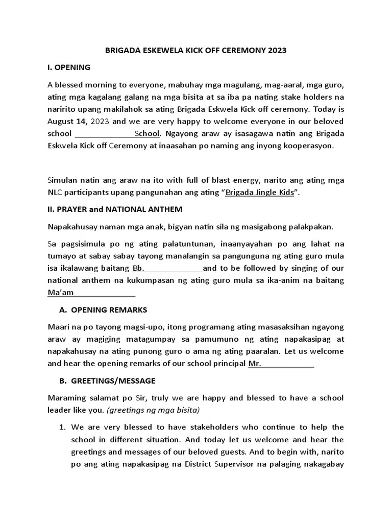 Free-Brigada Eskewela Kick Off Ceremony Script 2023 | PDF