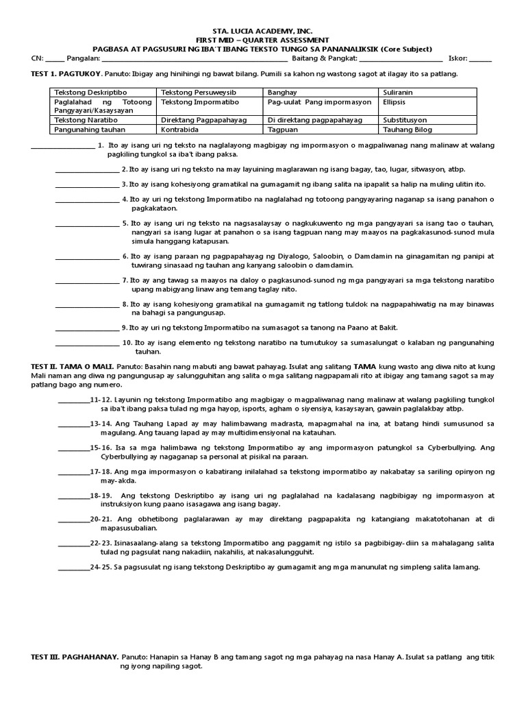 Mid-Quarter Assessment Weeks 1-4 | PDF