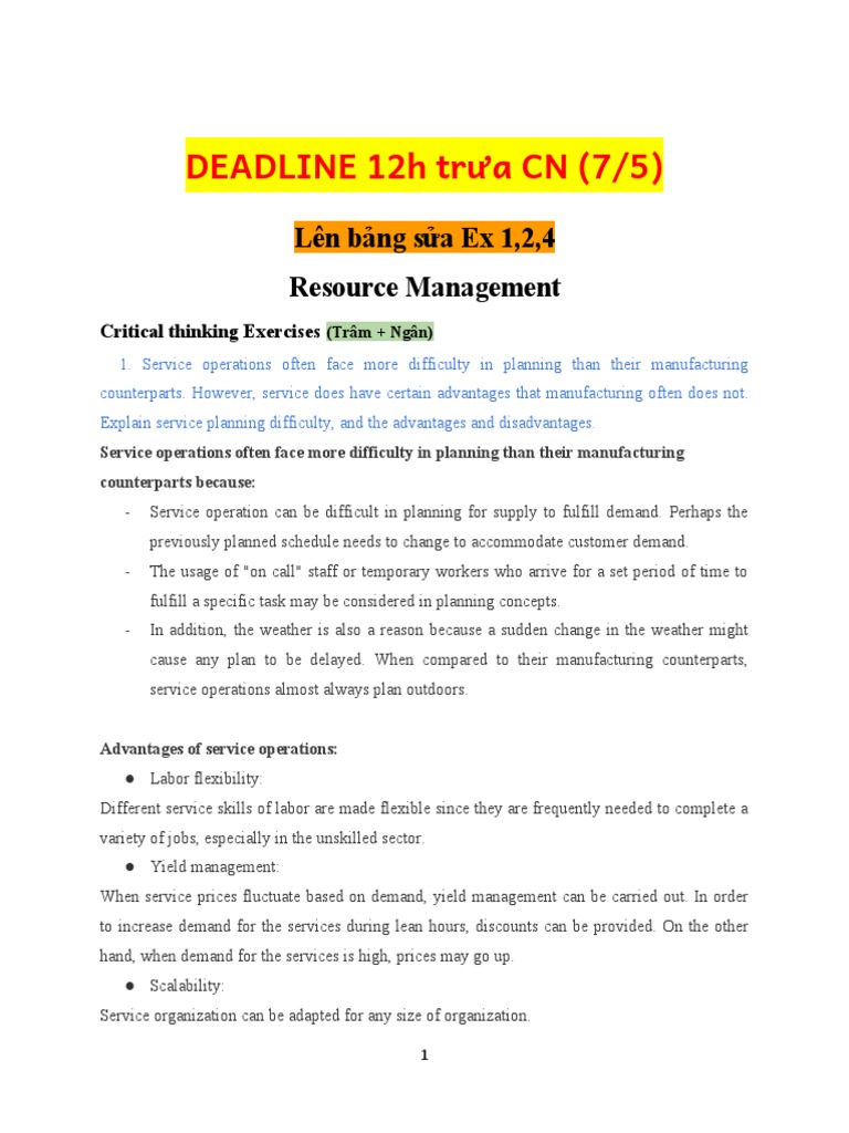 DEADLINE 12h trưa CN (7/5) : Lên bảng sửa Ex 1,2,4 Resource Management | PDF