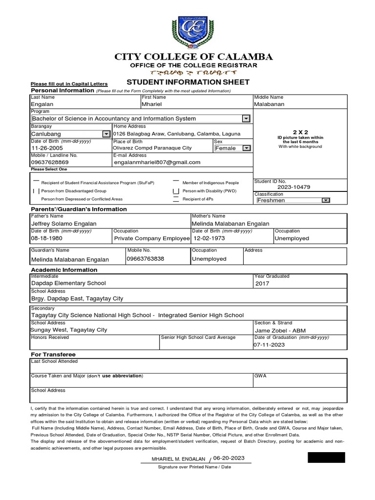 CCC Student Information Sheet With Answers2 | PDF