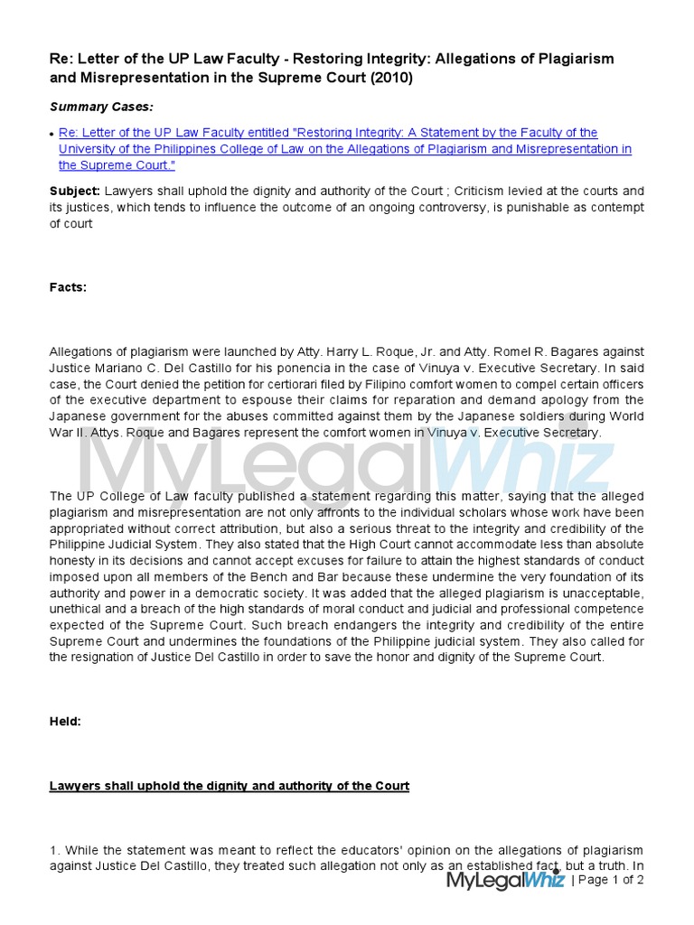 Re: Letter of The UP Law Faculty - Restoring Integrity: Allegations of ...