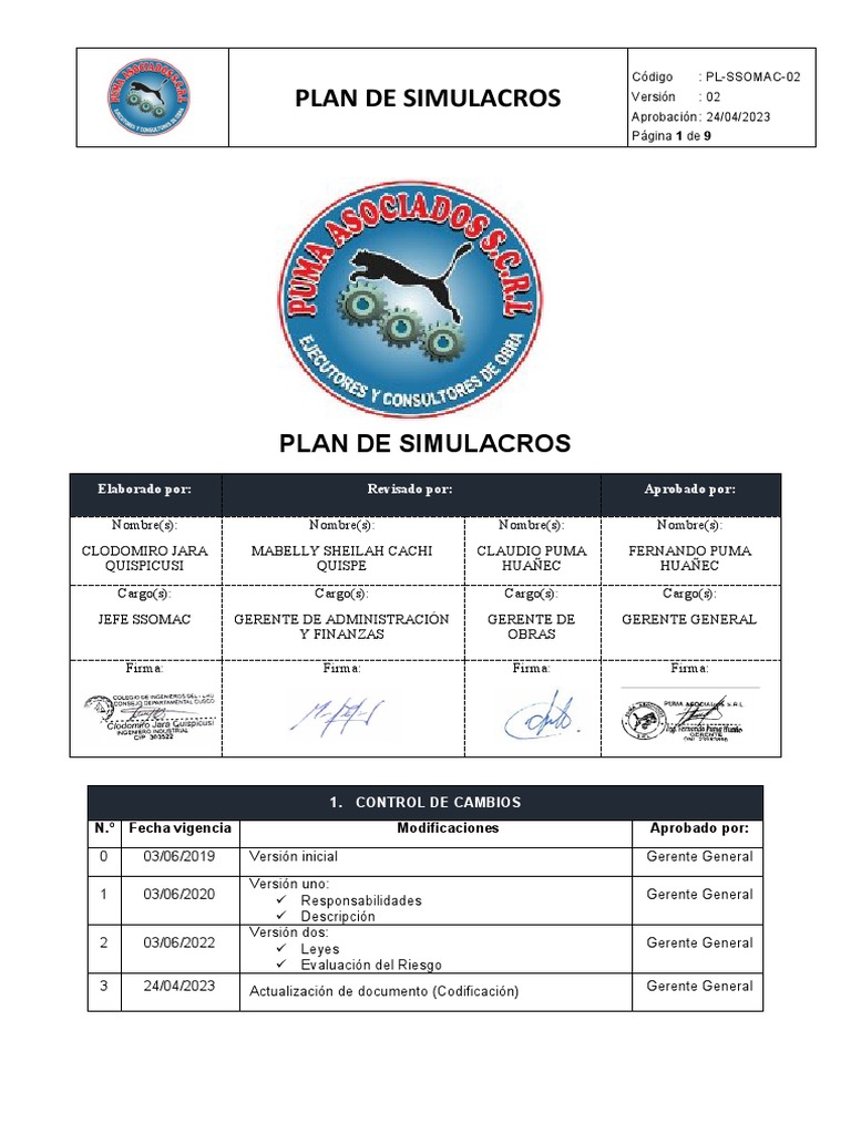 PL-SSOMAC-02 Plan de Simulacros | PDF | Riesgo | Temblores