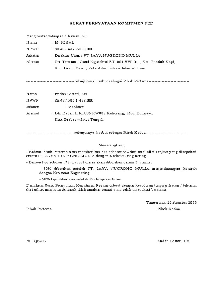 Surat Pernyataan Komitmen Fee | PDF