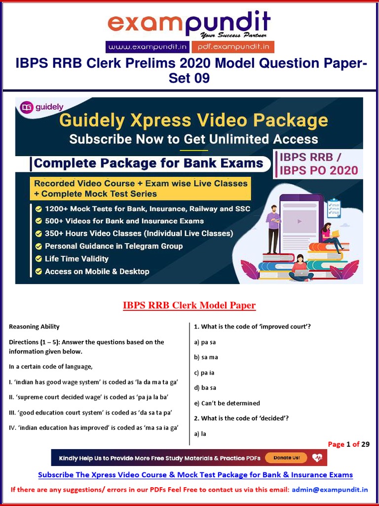 Ibps RRB Clerk Prelims Model Paper PDF Set 9 | PDF