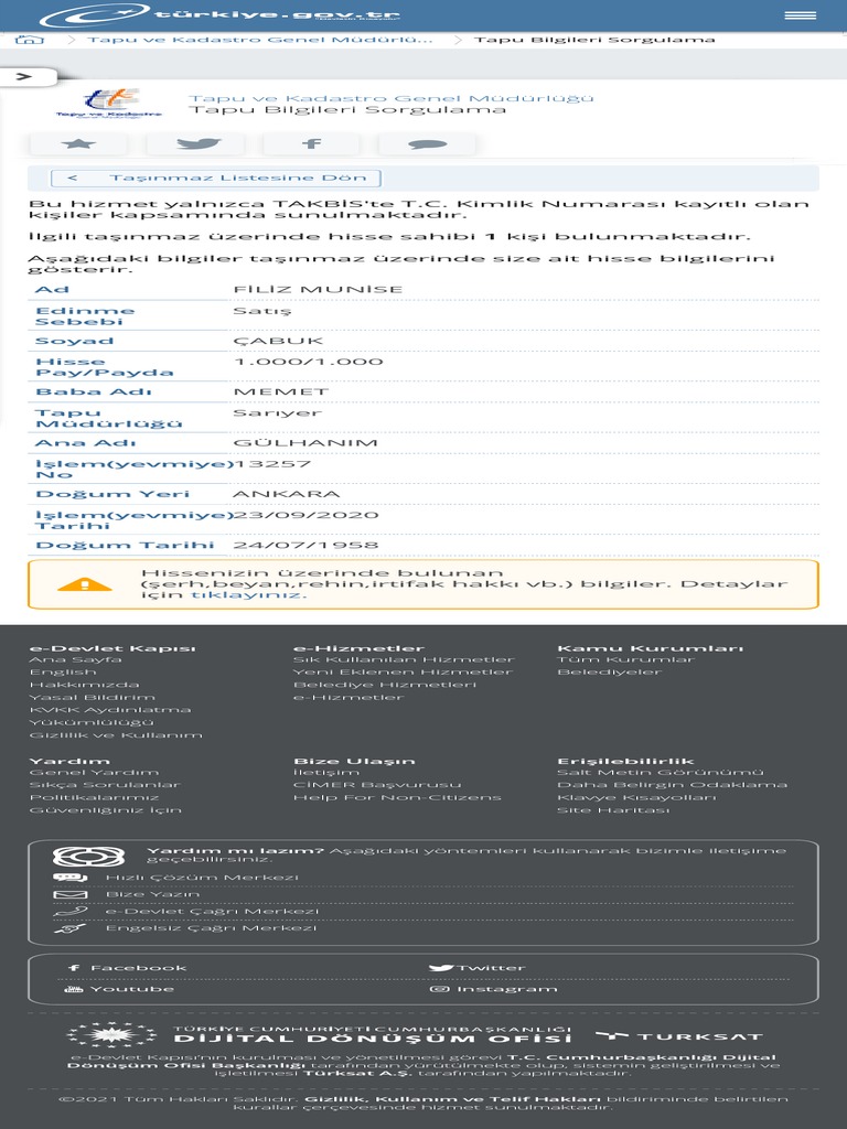 Tapu Ve Kadastro Genel Müdürlüğü - Tapu Bilgileri Sorgulama | PDF