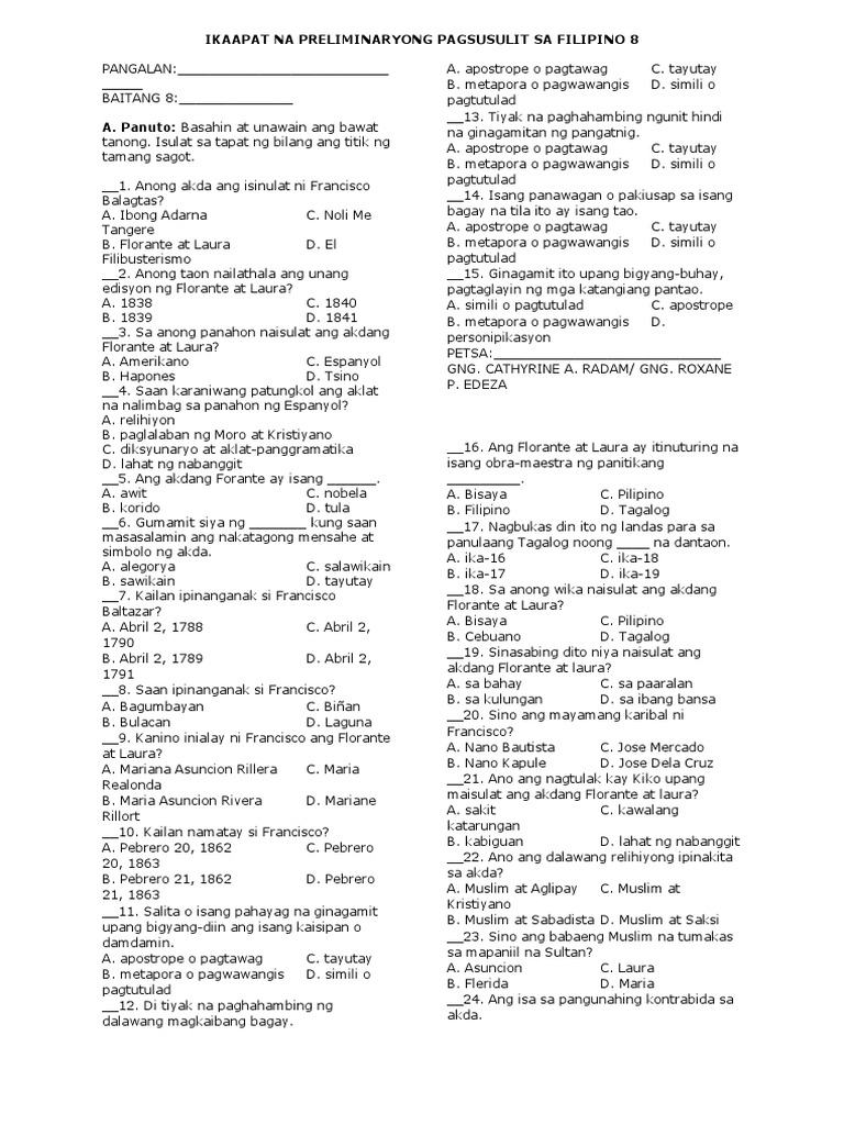 Ikaapat Na Preliminaryong Pagsusulit Sa Filipino 8 | PDF