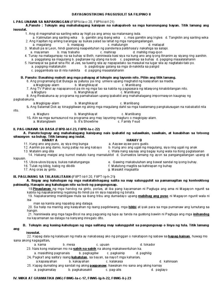 Dayagnostikong-Pagsusulit-Baitang 8-Filipino | PDF