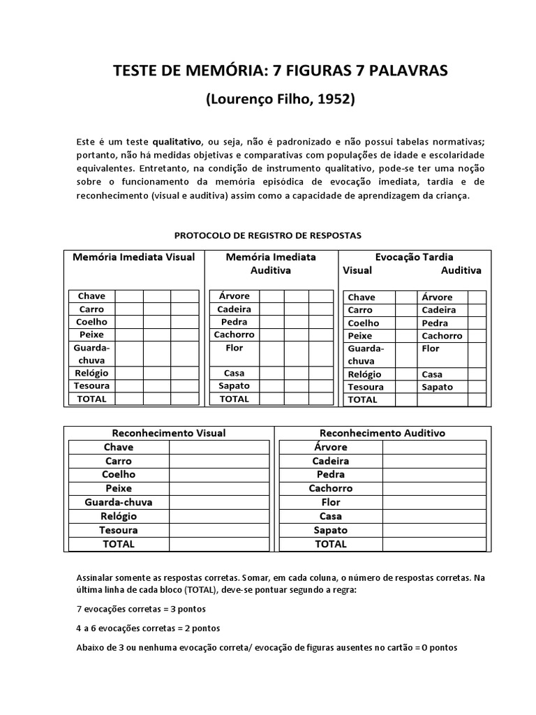 Teste de Memória: 7 Figuras e Palavras | PDF