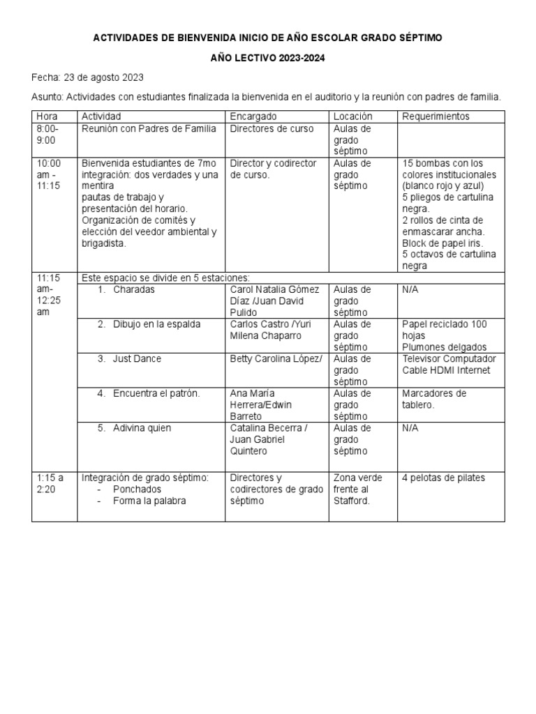 Actividades de Bienvenida 7º Grado 2023-2024 | PDF