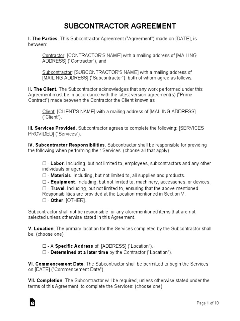 Subcontractor Agreement Template | PDF