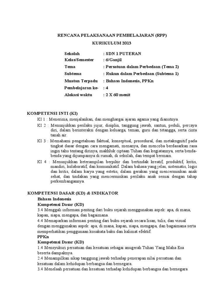RRP Kelas 6 Tema 2 Subtema 1 Pembelajaran 4 | PDF