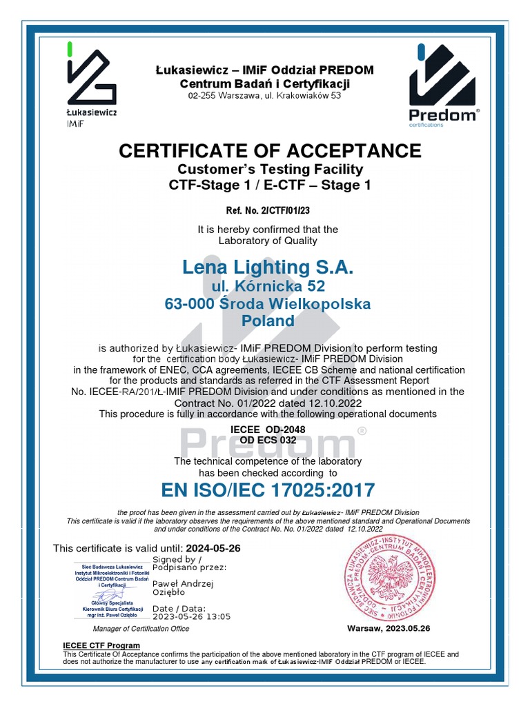 CTF Certificate for Lena Lighting S.A. | PDF | Regulation