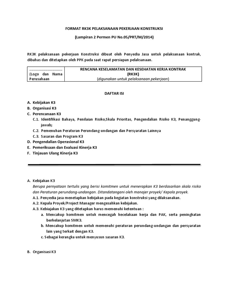 Format RK3K untuk Konstruksi K3 | PDF