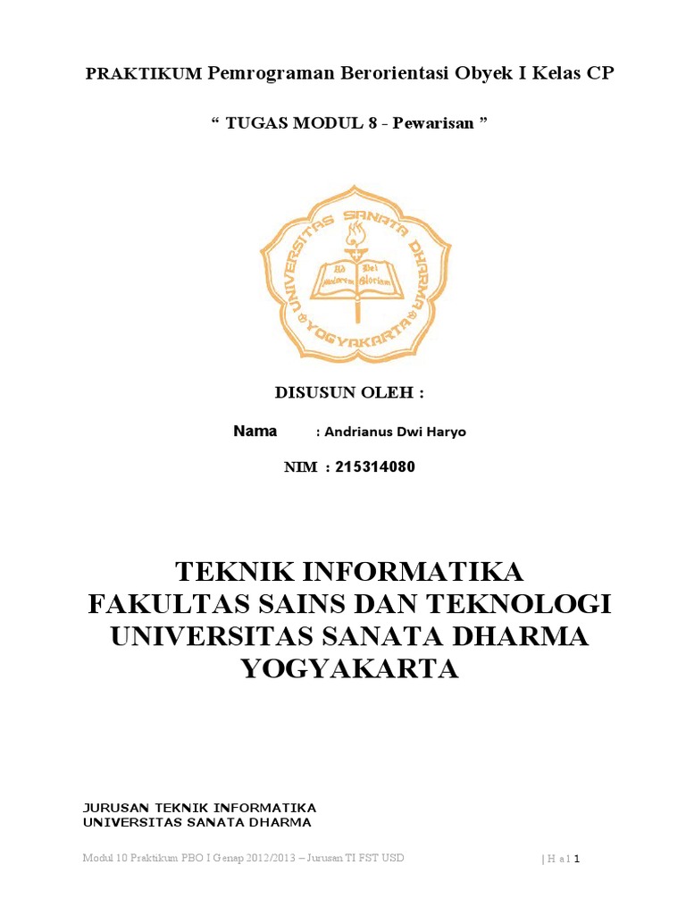Modul 8 Praktikum PBO 1 - Pewarisan - Andrianus Dwi Haryo - 215314080 | PDF