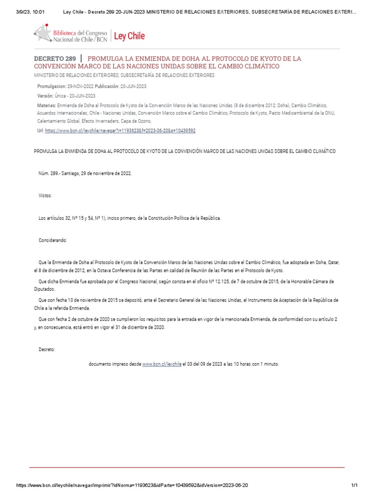 Ley Chile - Decreto 289 20-JUN-2023 MINISTERIO DE RELACIONES EXTERIORES ...