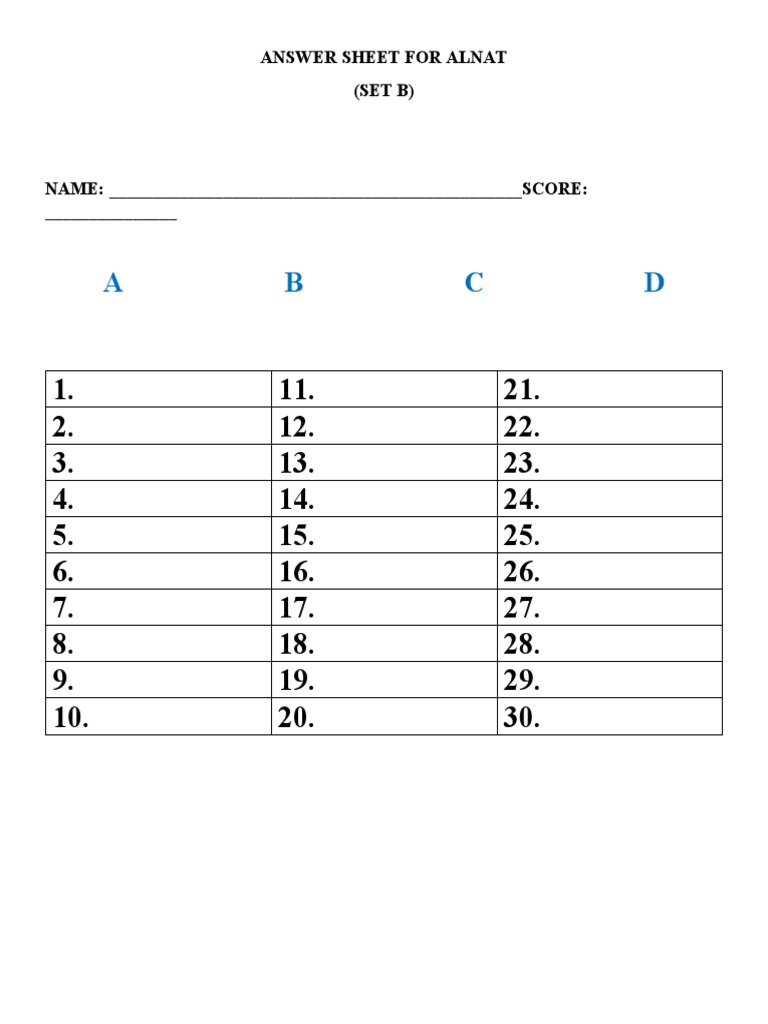 Answer Sheet For Alnat | PDF