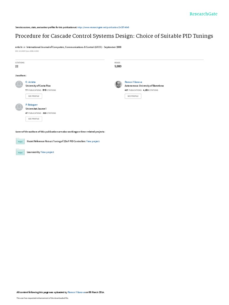 PCA Procedure For Cascade Control Systems Design Choic | PDF | Control Theory | Engineering