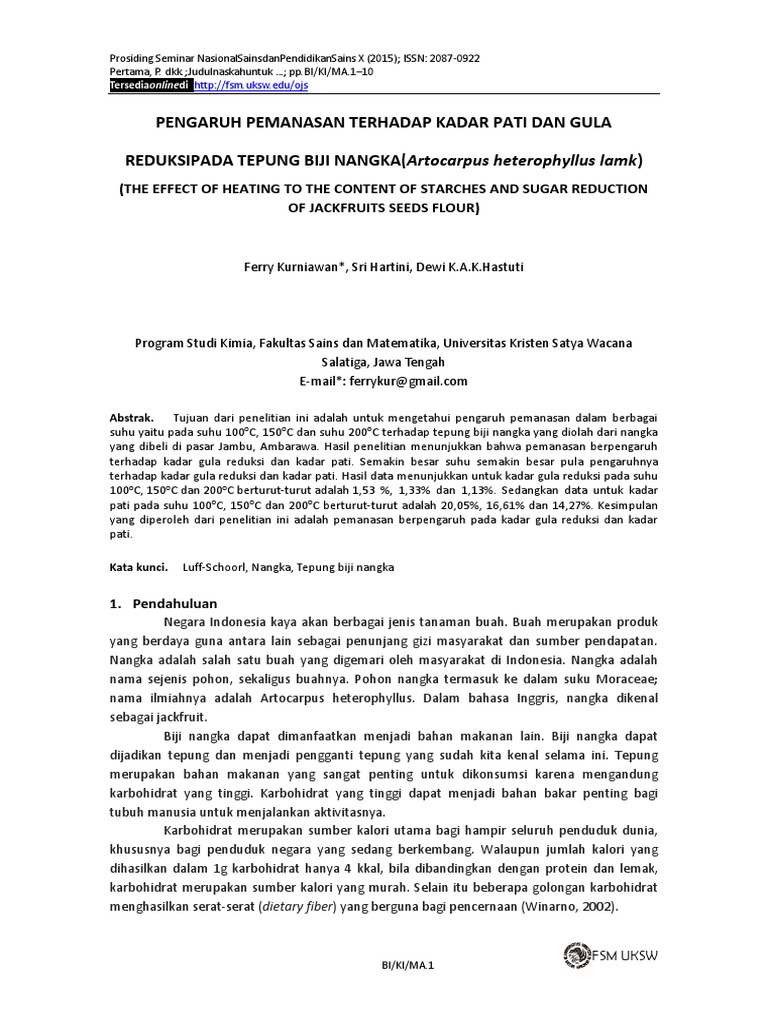 Pengaruh Pemanasan Terhadap Kadar Pati Dan Gula REDUKSIPADA TEPUNG BIJI NANGKA (Artocarpus ...