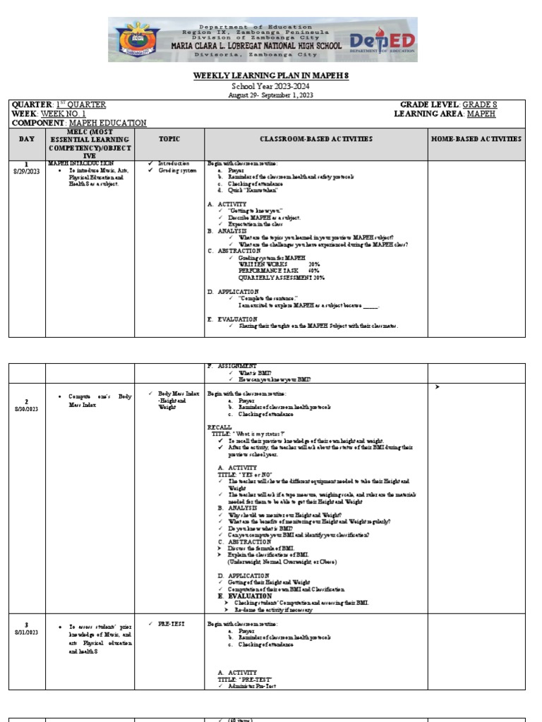 Q1 WLP - MAPEH - Week 1 2023 2024 | PDF