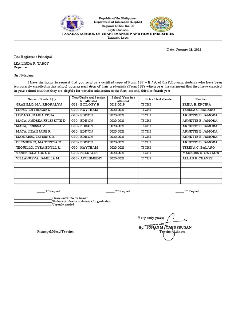 Request Form Form 137 TSCHI | PDF