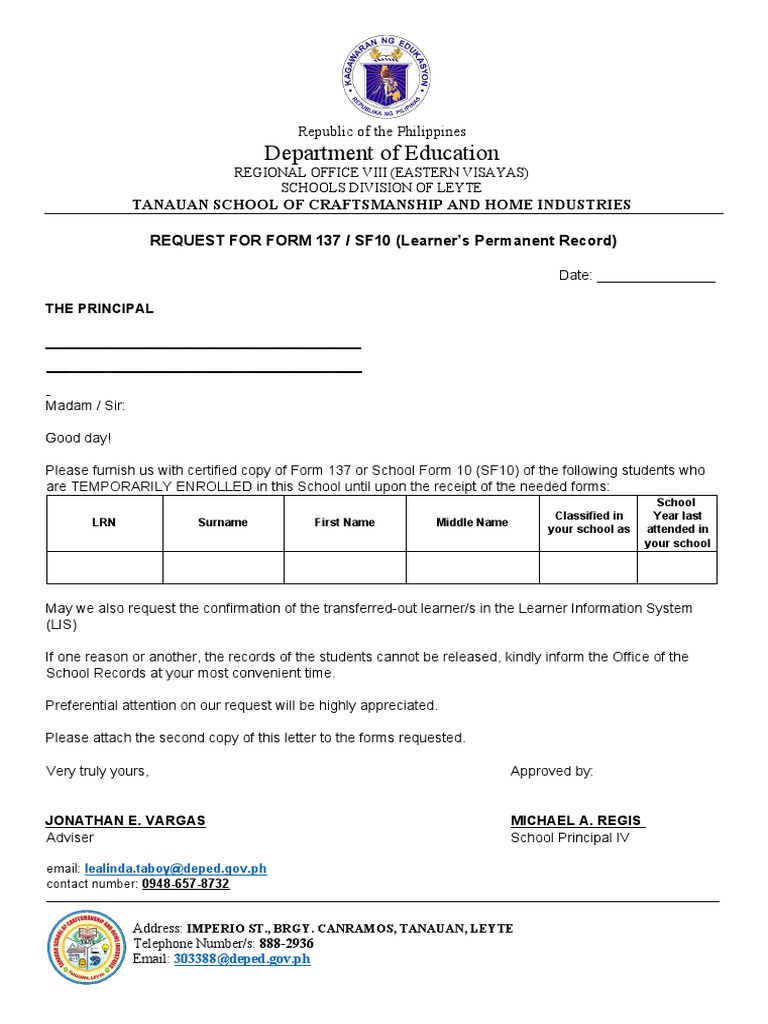 Request for SF10 and Form 137 | PDF